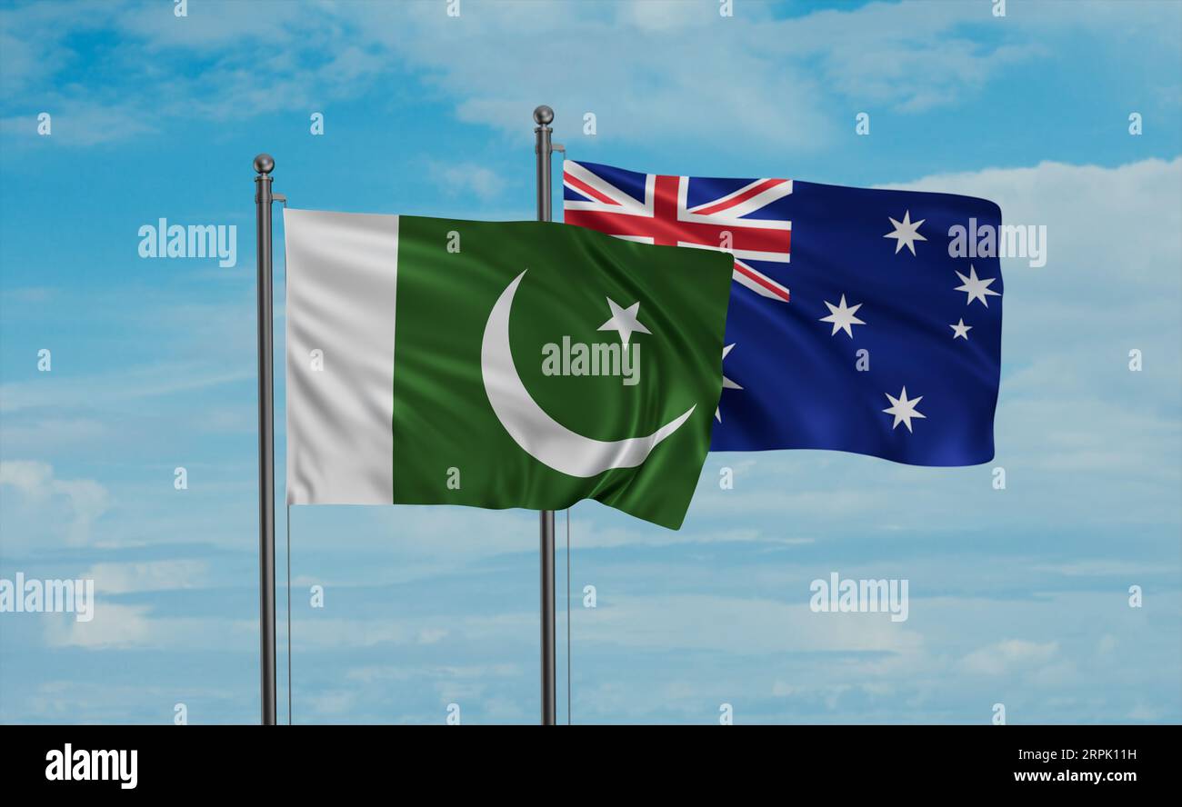 Australia flag and Pakistan flag waving together on blue sky, two ...
