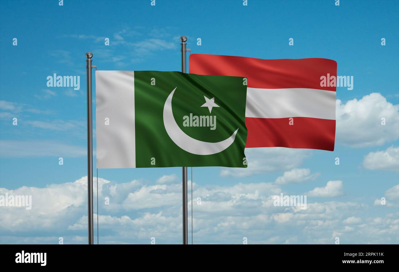 Austria flag and Pakistan flag waving together on blue sky, two country ...