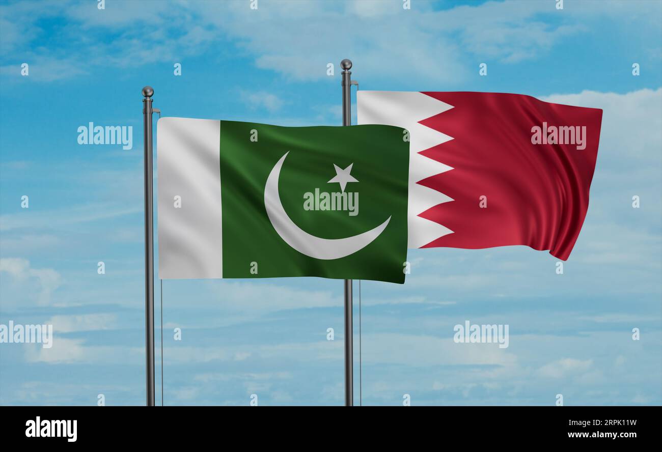 Bahrain flag and Pakistan flag waving together on blue sky, two country ...