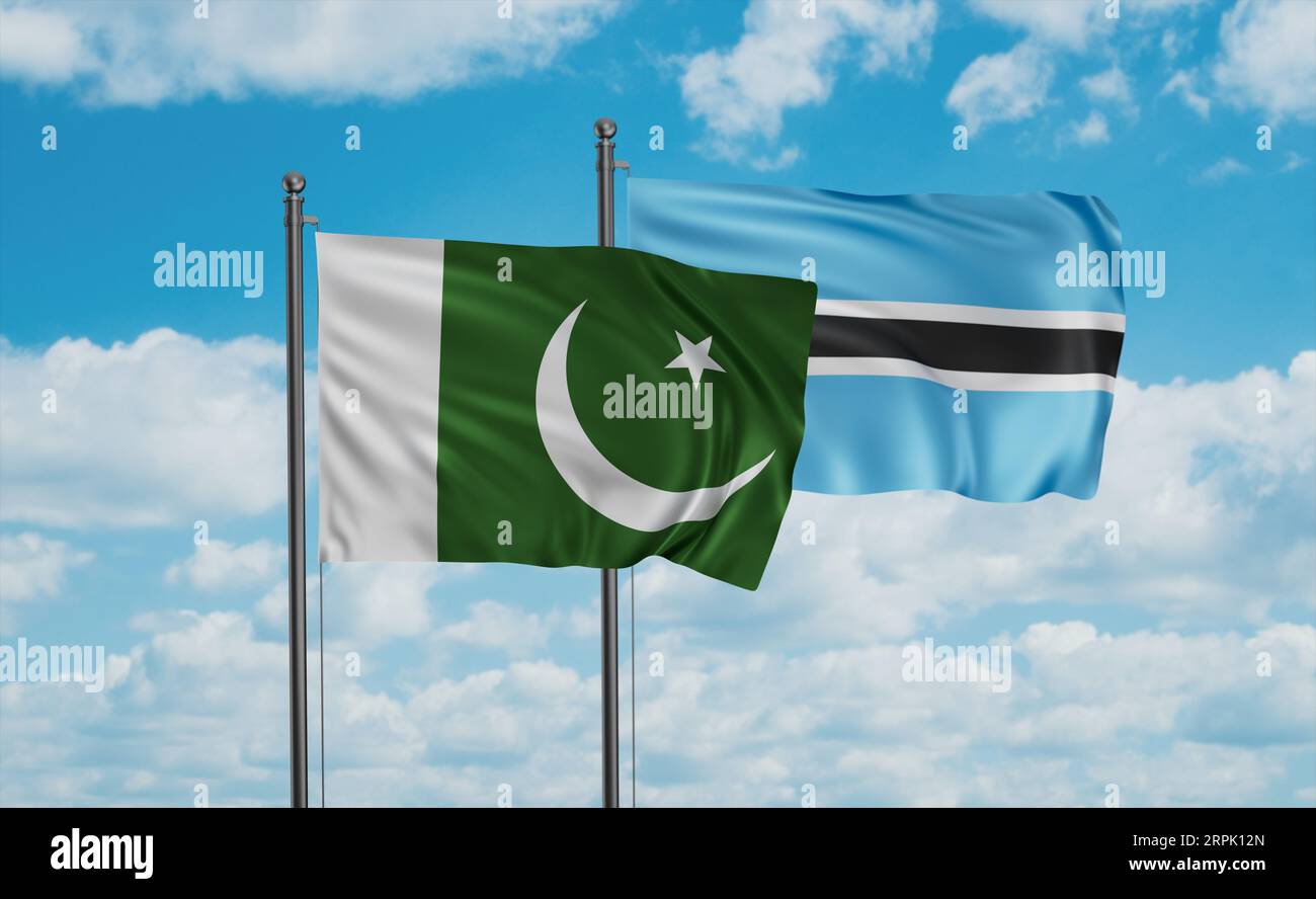Botswana flag and Pakistan flag waving together on blue sky, two ...