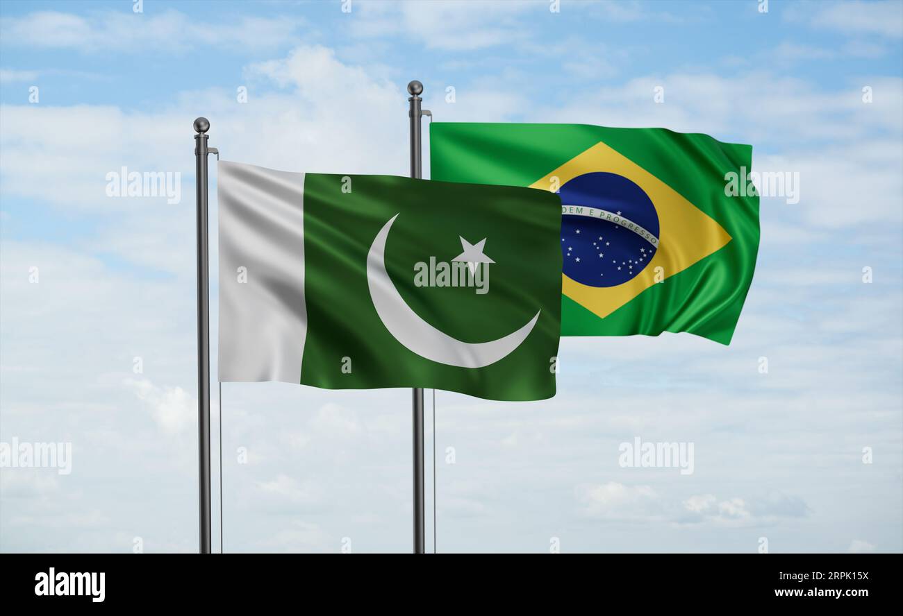 Brazil flag and Pakistan flag waving together on blue sky, two country ...