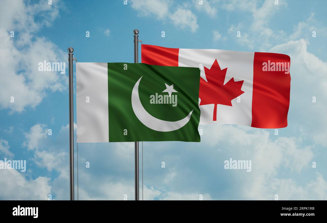Canada and Pakistan flag waving together in the wind on blue sky, two ...