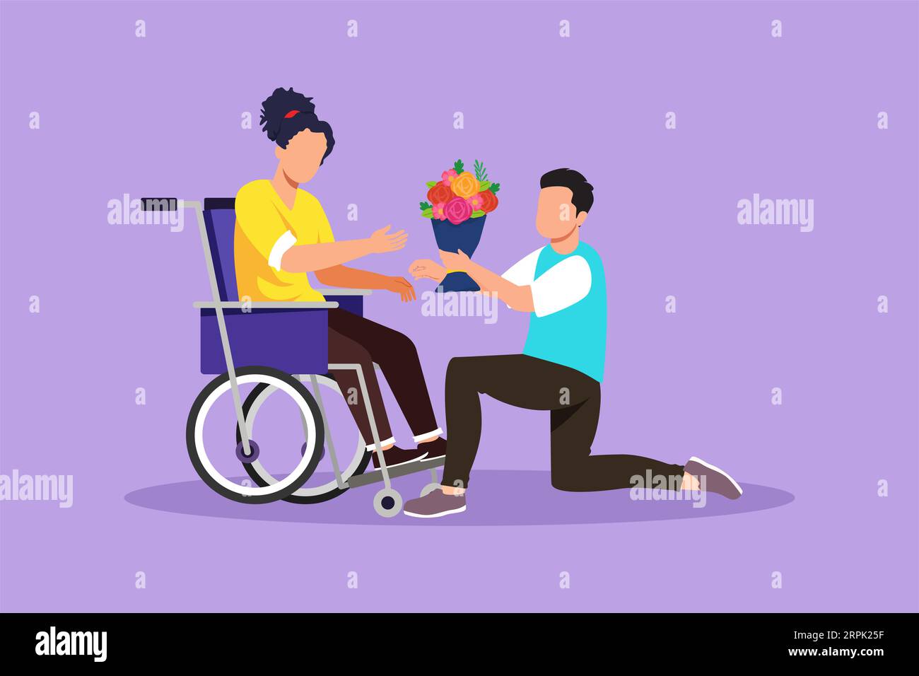 Graphic flat design drawing male and disabled female in wheelchair. Man ...