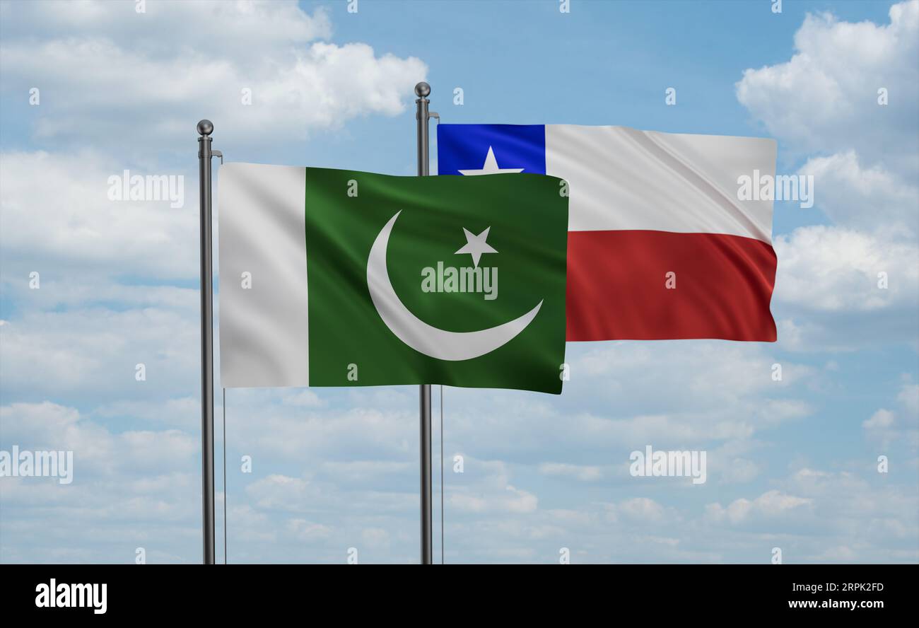 Chile flag and Pakistan flag waving together on blue sky, two country ...