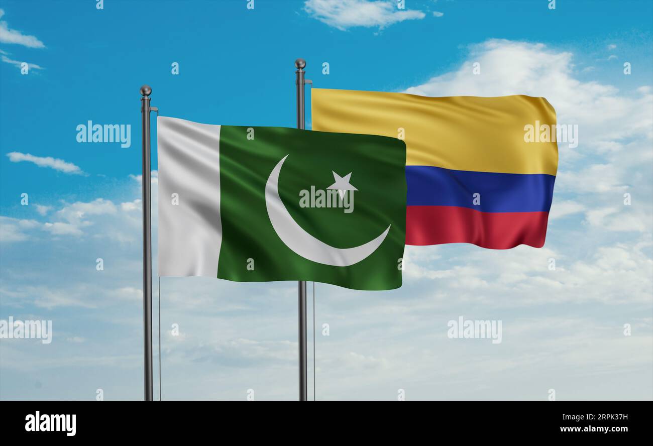 Colombia and Pakistan flag waving together in the wind on blue sky, two ...