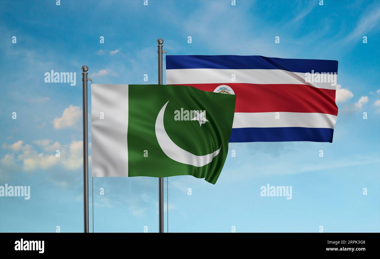 Costa Rico and Pakistan flag waving together in the wind on blue sky ...