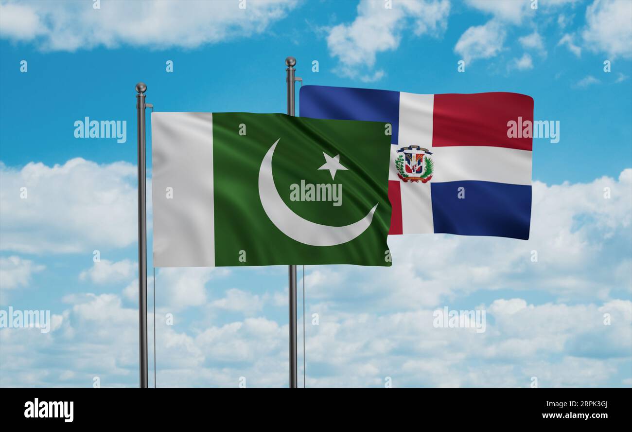 Dominican Republic flag and Pakistan flag waving together on blue sky ...