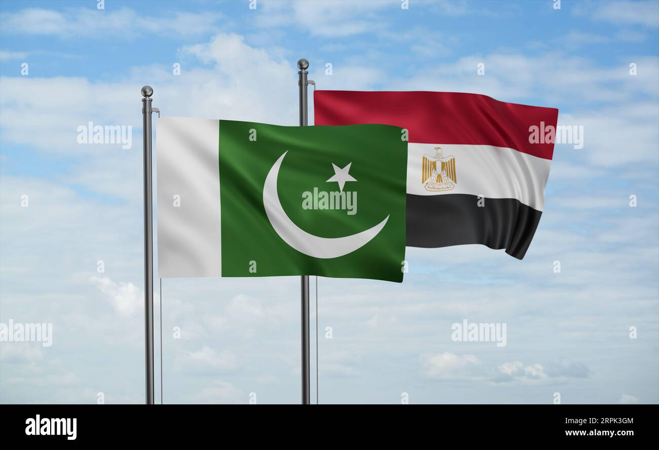 Egypt flag and Pakistan flag waving together on blue sky, two country ...