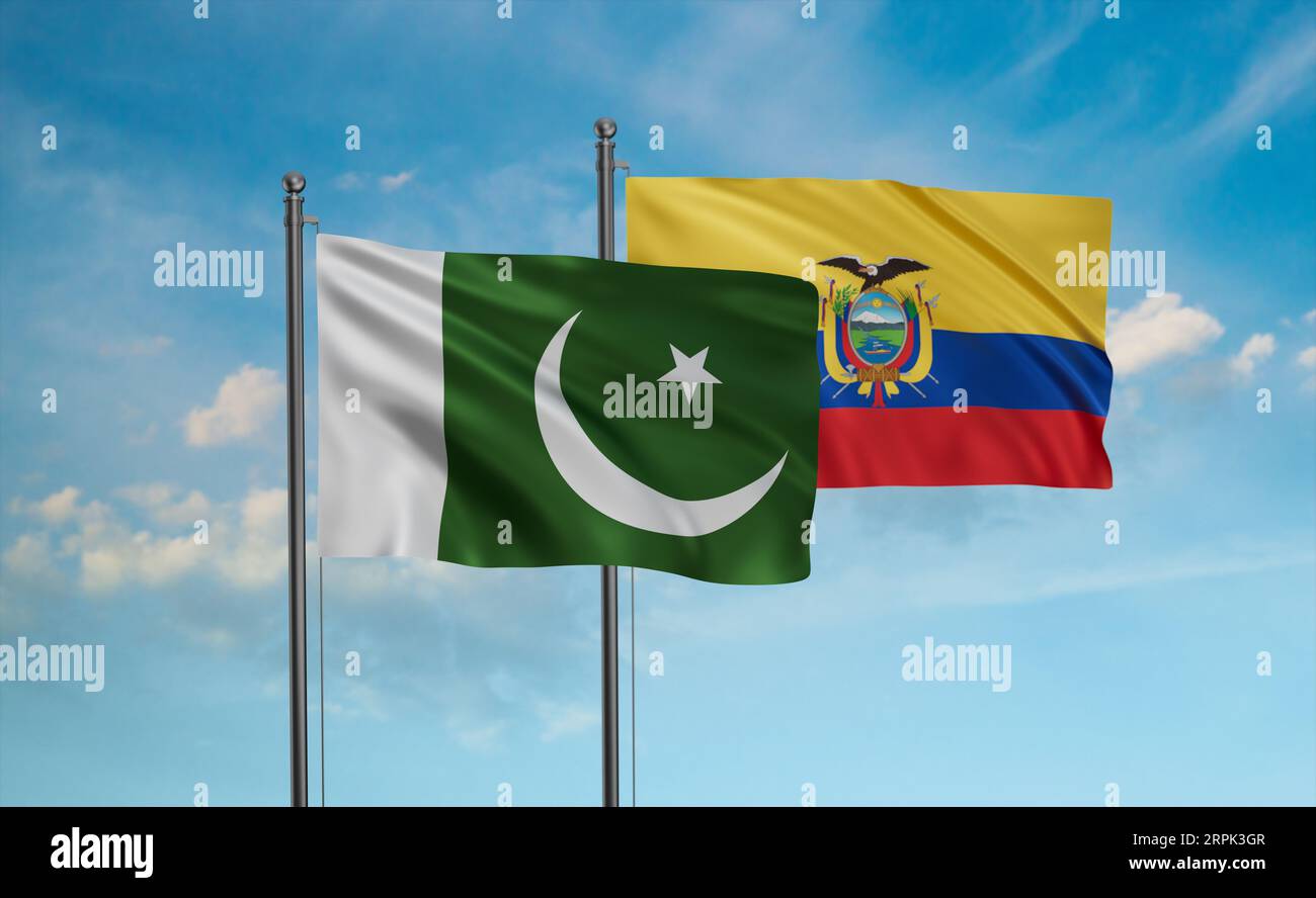 Ecuador flag and Pakistan flag waving together on blue sky, two country ...