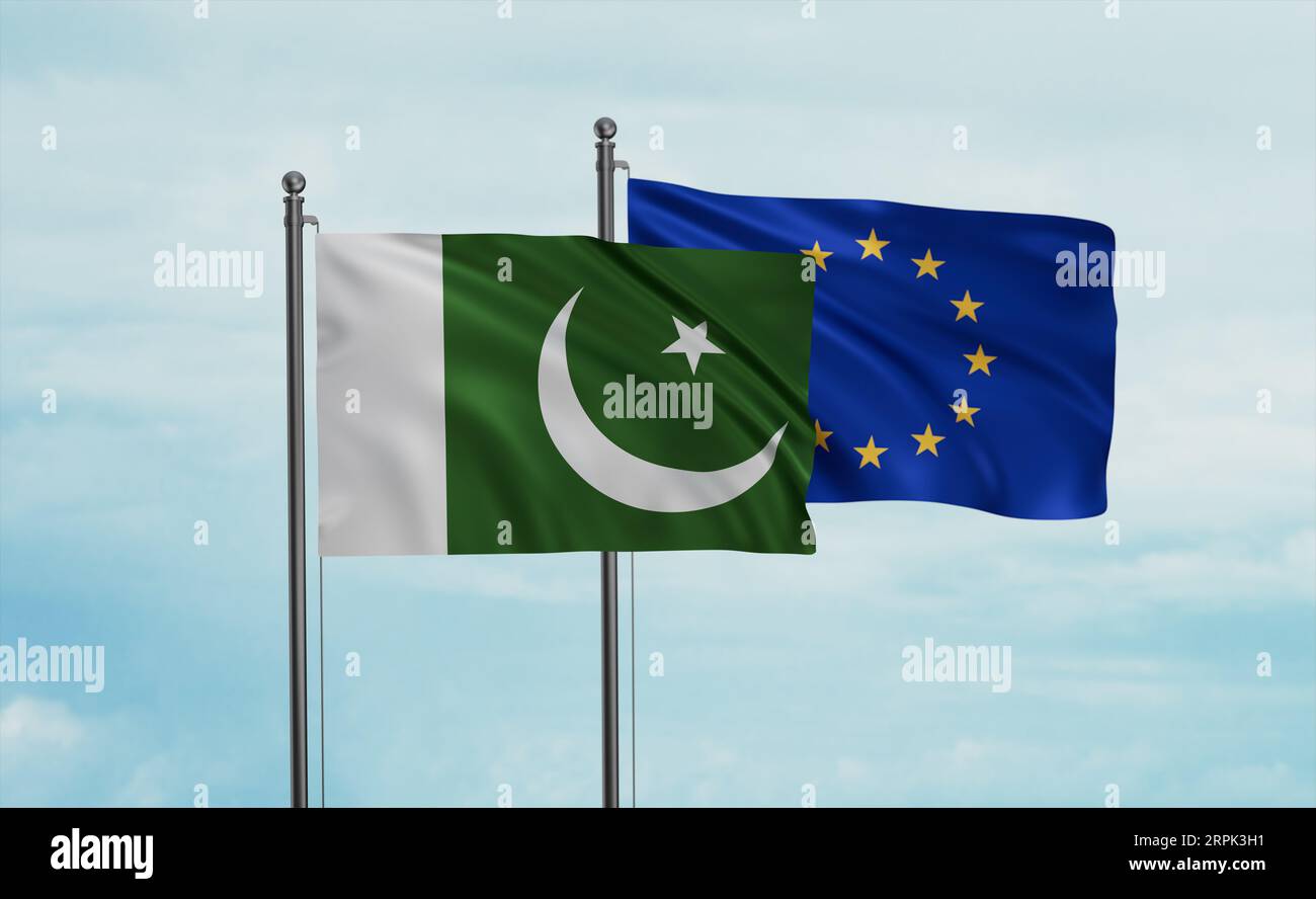 European Union and Pakistan flag waving together in the wind on blue ...