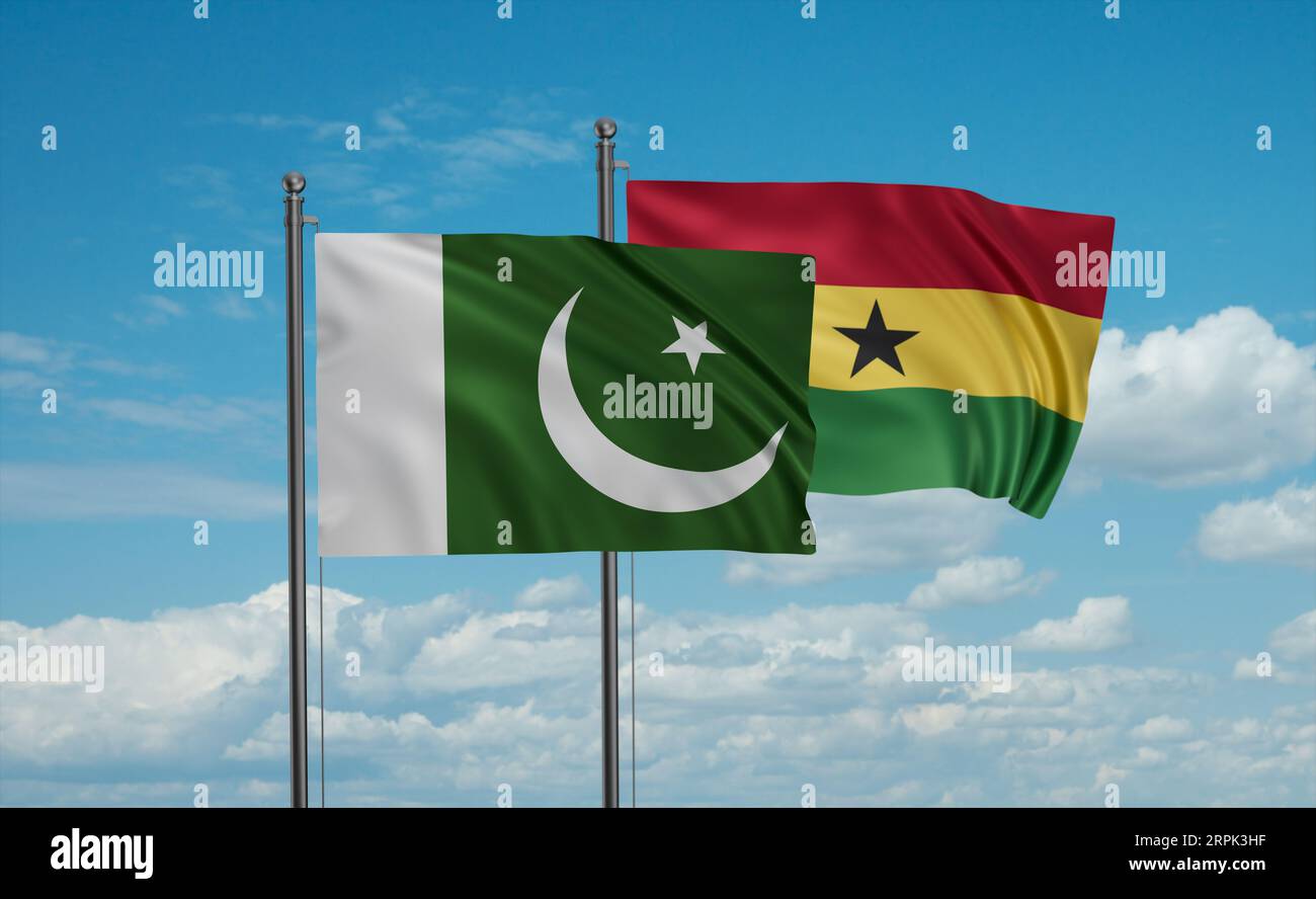 Ghana flag and Pakistan flag waving together on blue sky, two country ...