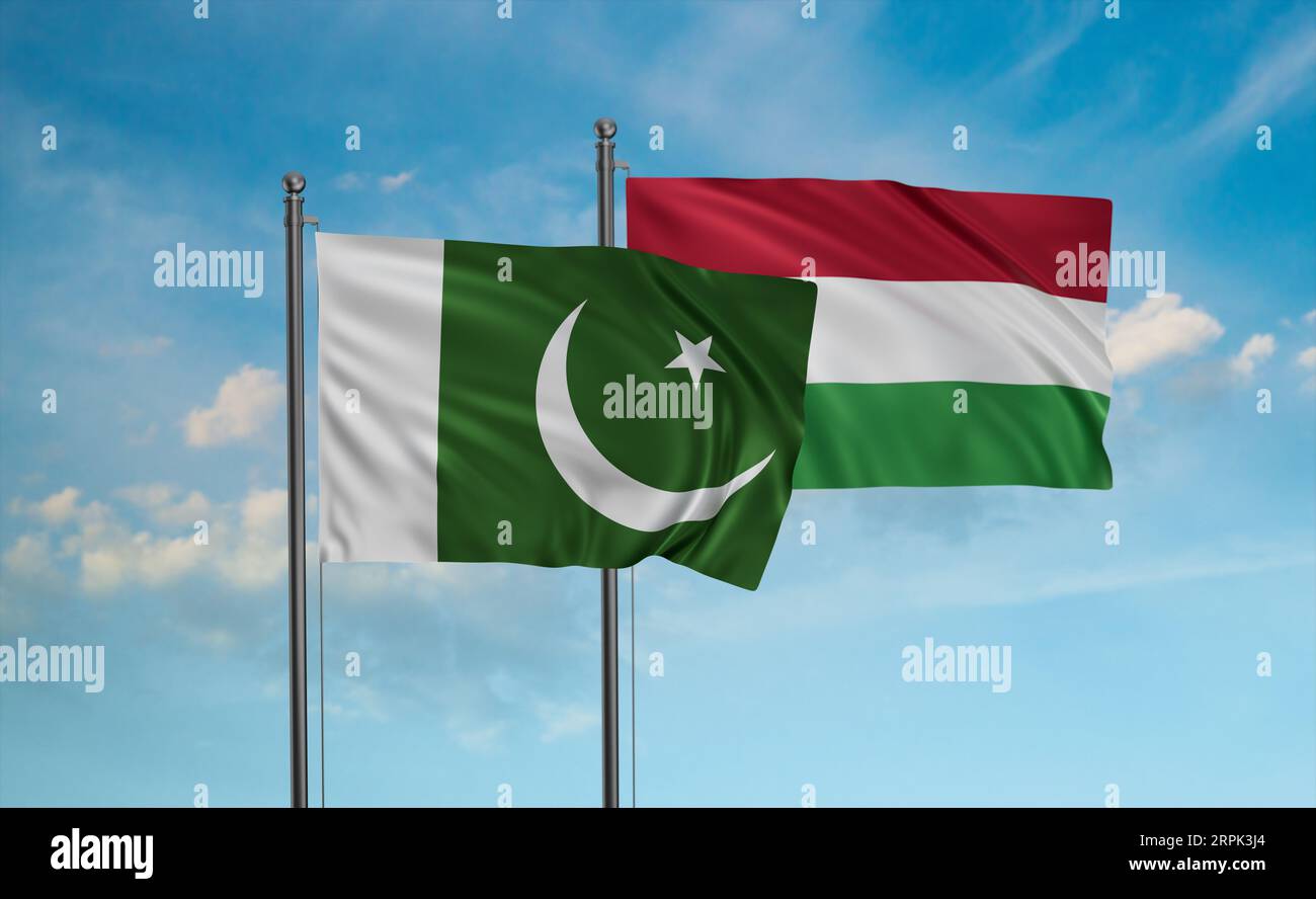 Hungary flag and Pakistan flag waving together on blue sky, two country ...