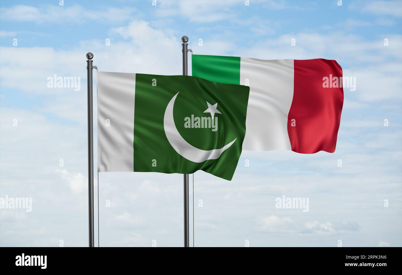Italy and Pakistan flag waving together in the wind on blue sky, two ...