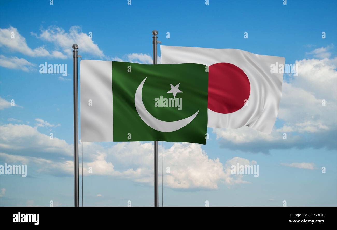 Japan flag and Pakistan flag waving together on blue sky, two country ...