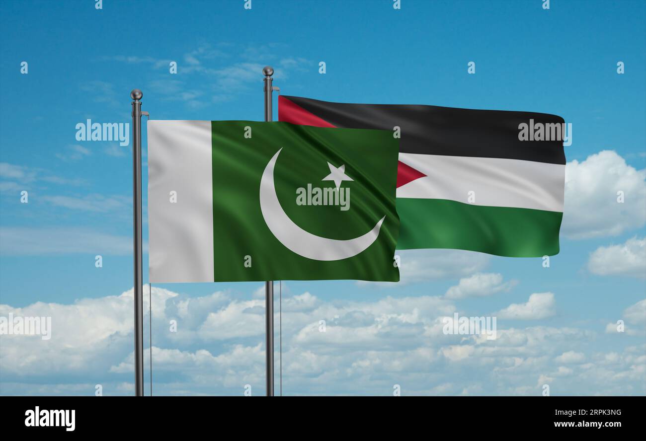Jordan and Pakistan flag waving together in the wind on blue sky, two ...