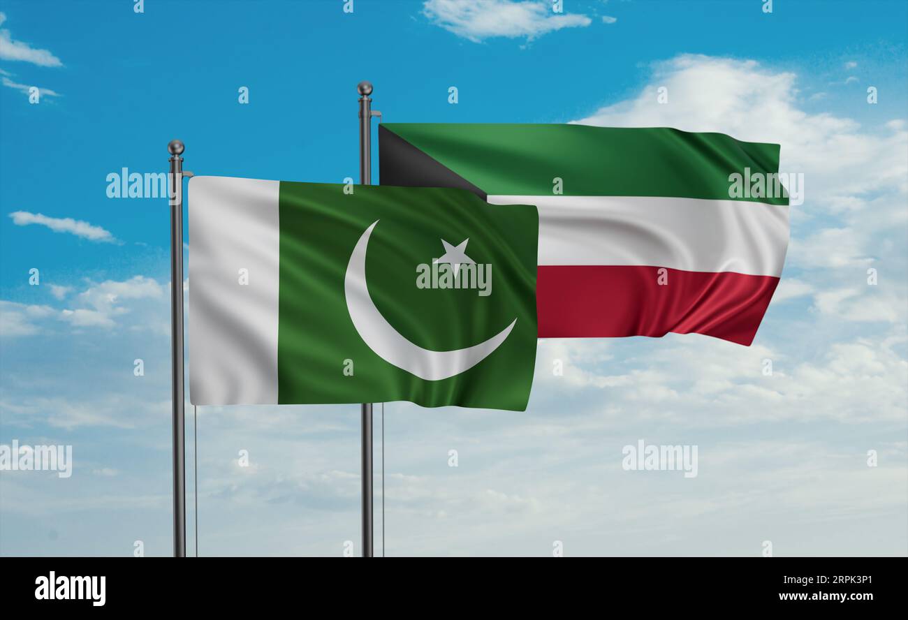 Kuwait and Pakistan flag waving together in the wind on blue sky, two ...