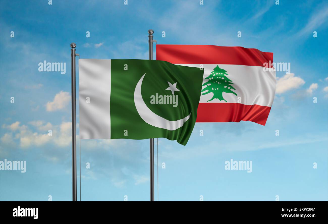 Lebanon and Pakistan flag waving together in the wind on blue sky, two ...