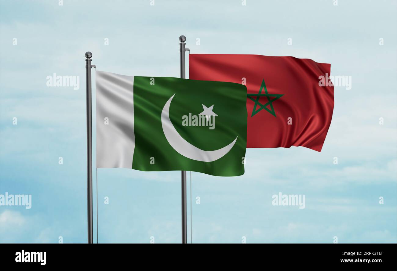 Morocco flag and Pakistan flag waving together on blue sky, two country ...