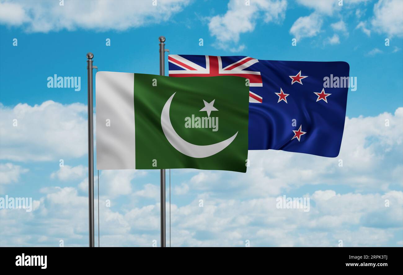 New Zealand and Pakistan flag waving together in the wind on blue sky ...