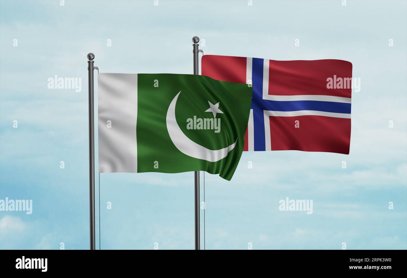 Norway flag and Pakistan flag waving together on blue sky, two country ...