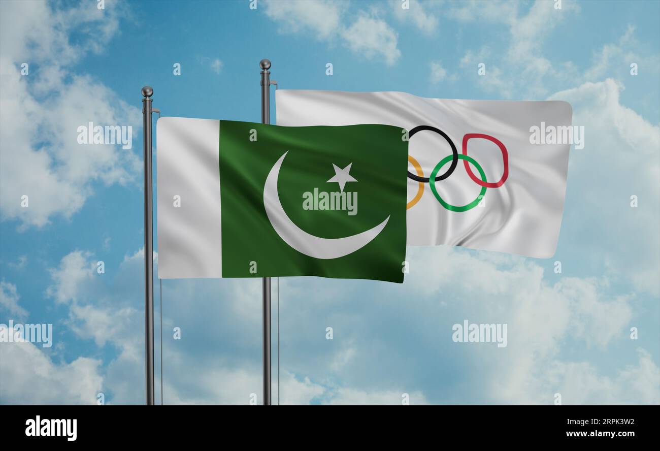 Olympic Games and Pakistan flag waving together in the wind on blue sky ...