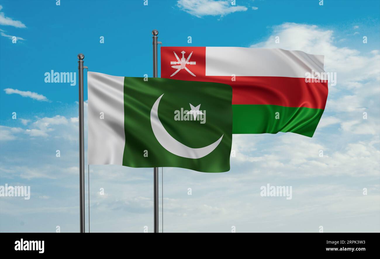 Oman and Pakistan flag waving together in the wind on blue sky, two ...