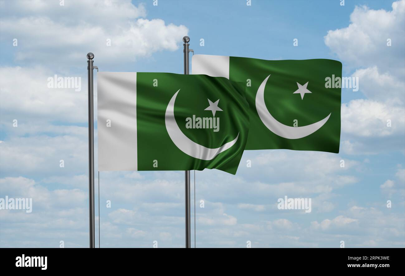 Two Pakistan flags waving together on blue sky, two country cooperation ...