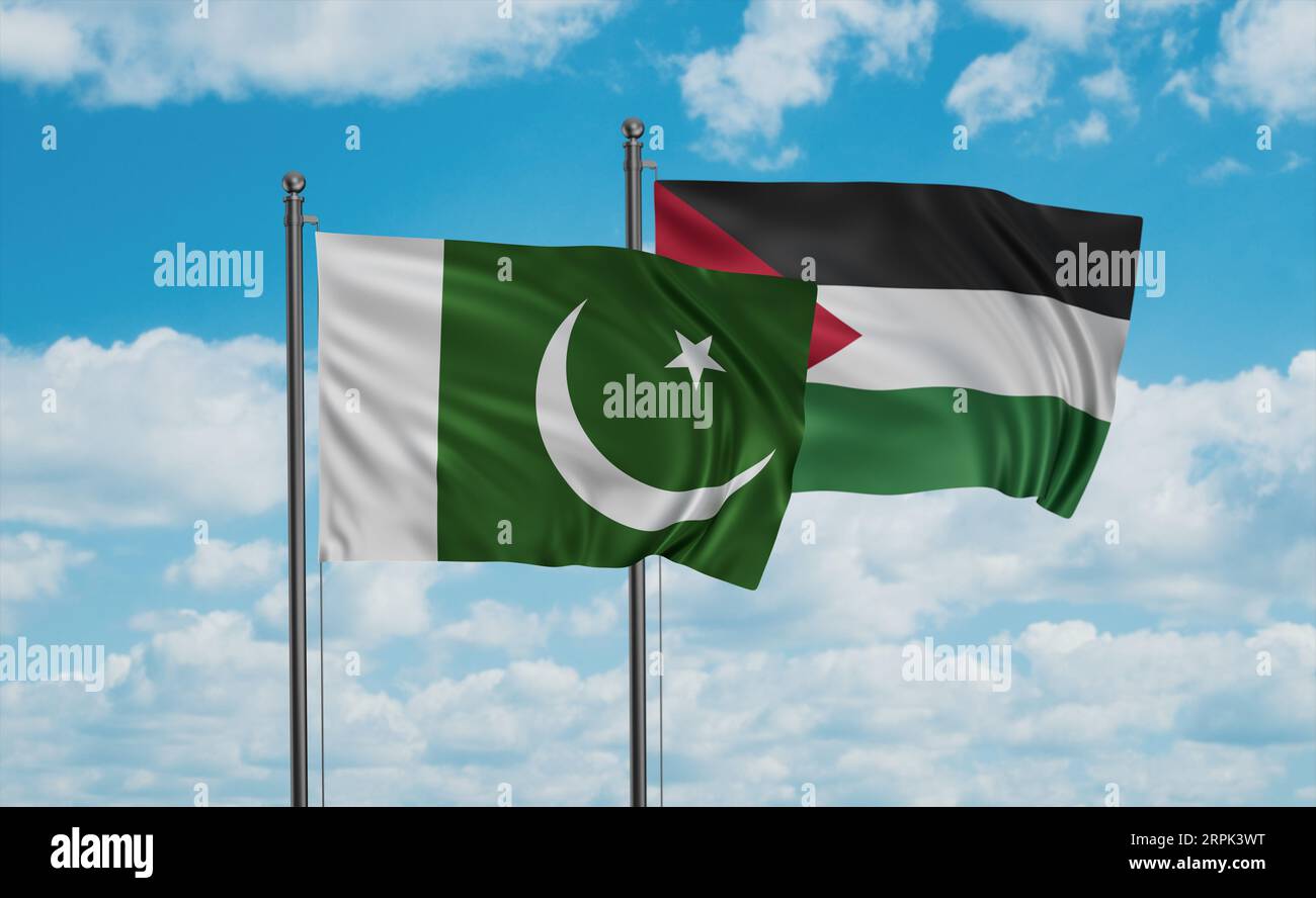 Palestine and Gaza Strip flag and Pakistan flag waving together on blue ...