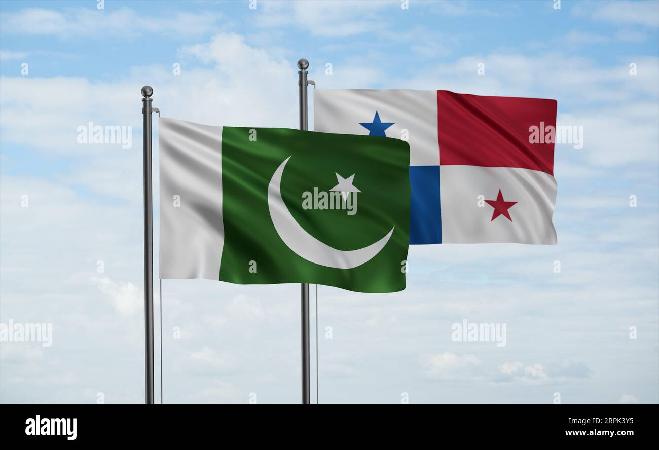 Panama flag and Pakistan flag waving together on blue sky, two country ...