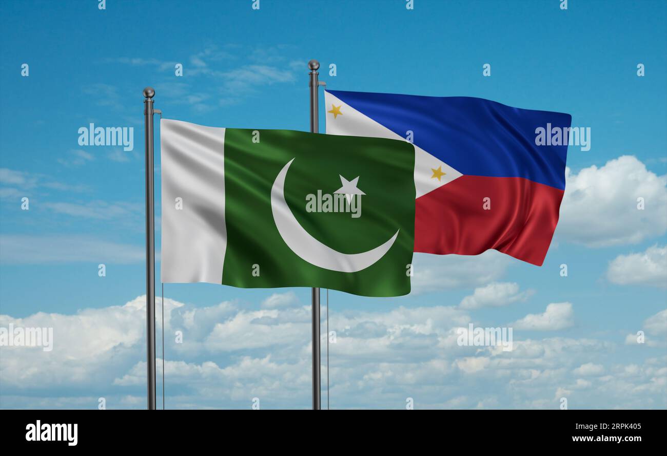 Philippines and Pakistan flag waving together in the wind on blue sky ...