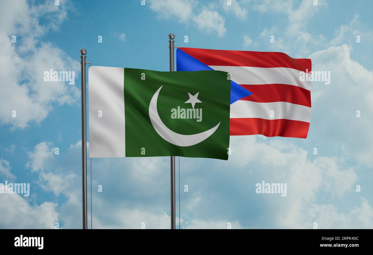 Puerto Rico and Pakistan flag waving together in the wind on blue sky ...