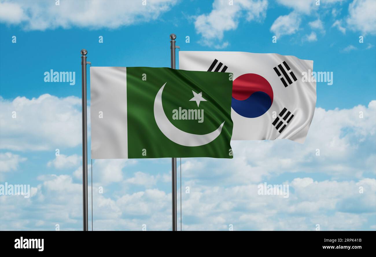 South Korea or Republic of Korea or ROK and Pakistan flag waving ...