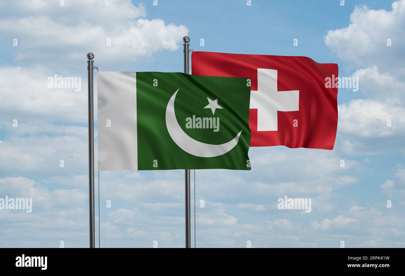 Switzerland and Pakistan flag waving together in the wind on blue sky ...