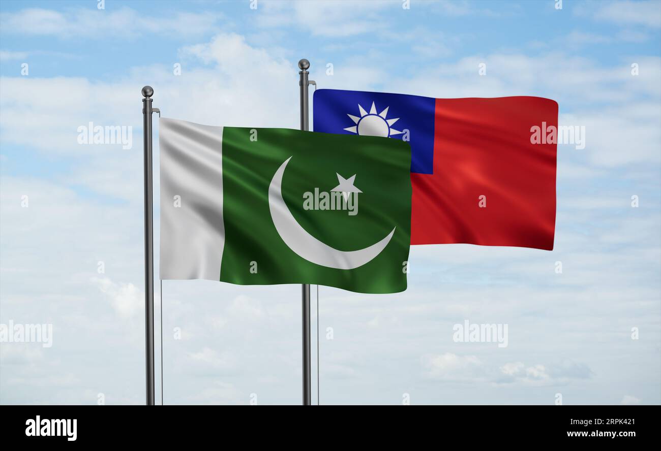 Taiwan and Pakistan flag waving together in the wind on blue sky, two ...