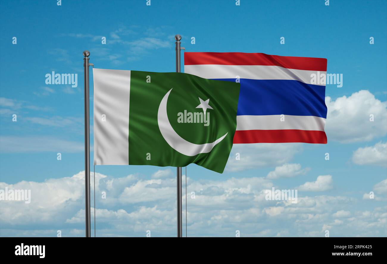 Kingdom of Thailand and Pakistan flag waving together in the wind on ...