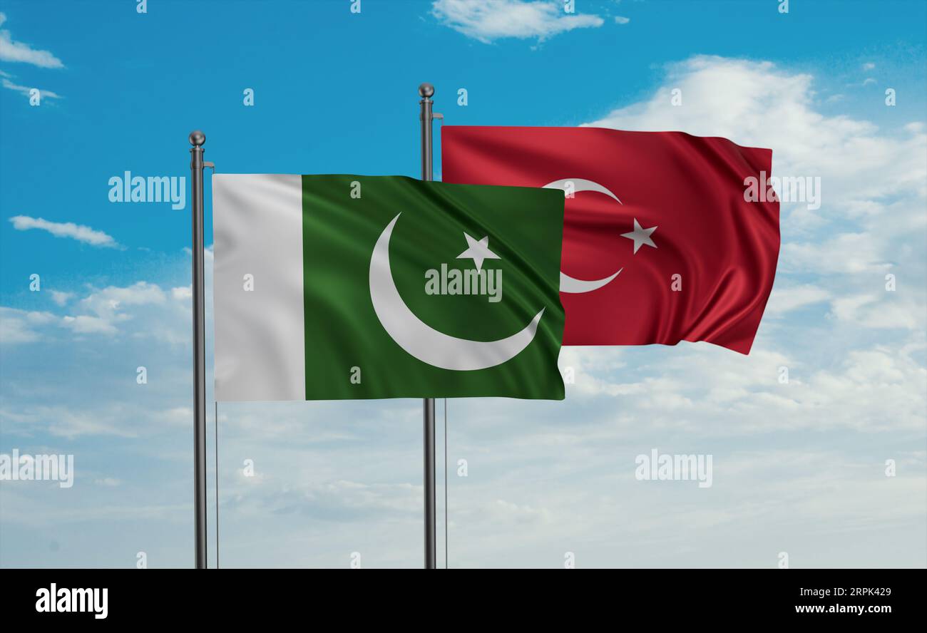 Republic of Turkey and Pakistan flag waving together in the wind on ...