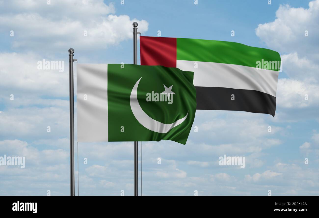 United Arab Emirates and Pakistan flag waving together in the wind on ...