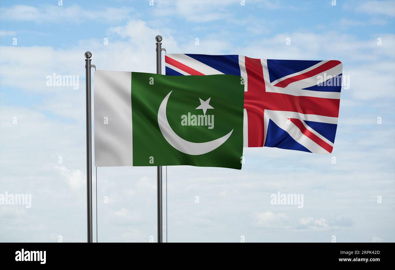 United Kingdom and Pakistan flag waving together in the wind on blue ...
