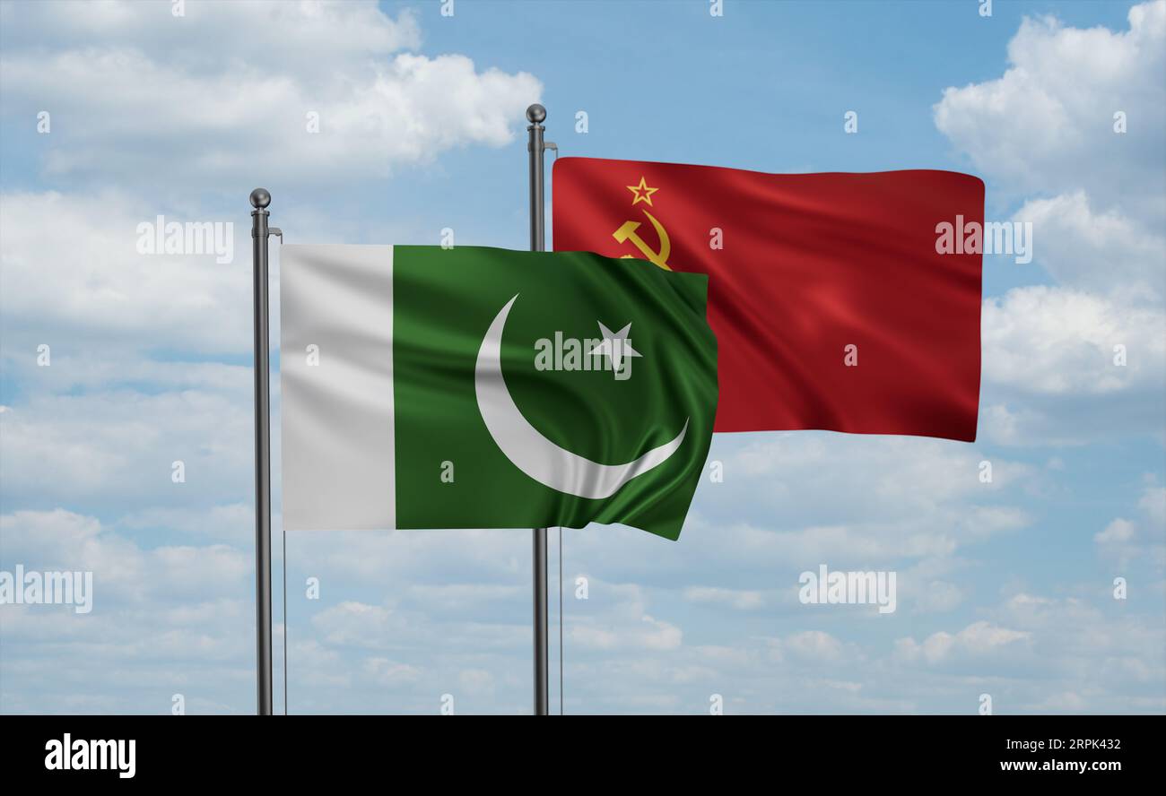 Soviet Union or USSR and Pakistan flag waving together in the wind on ...
