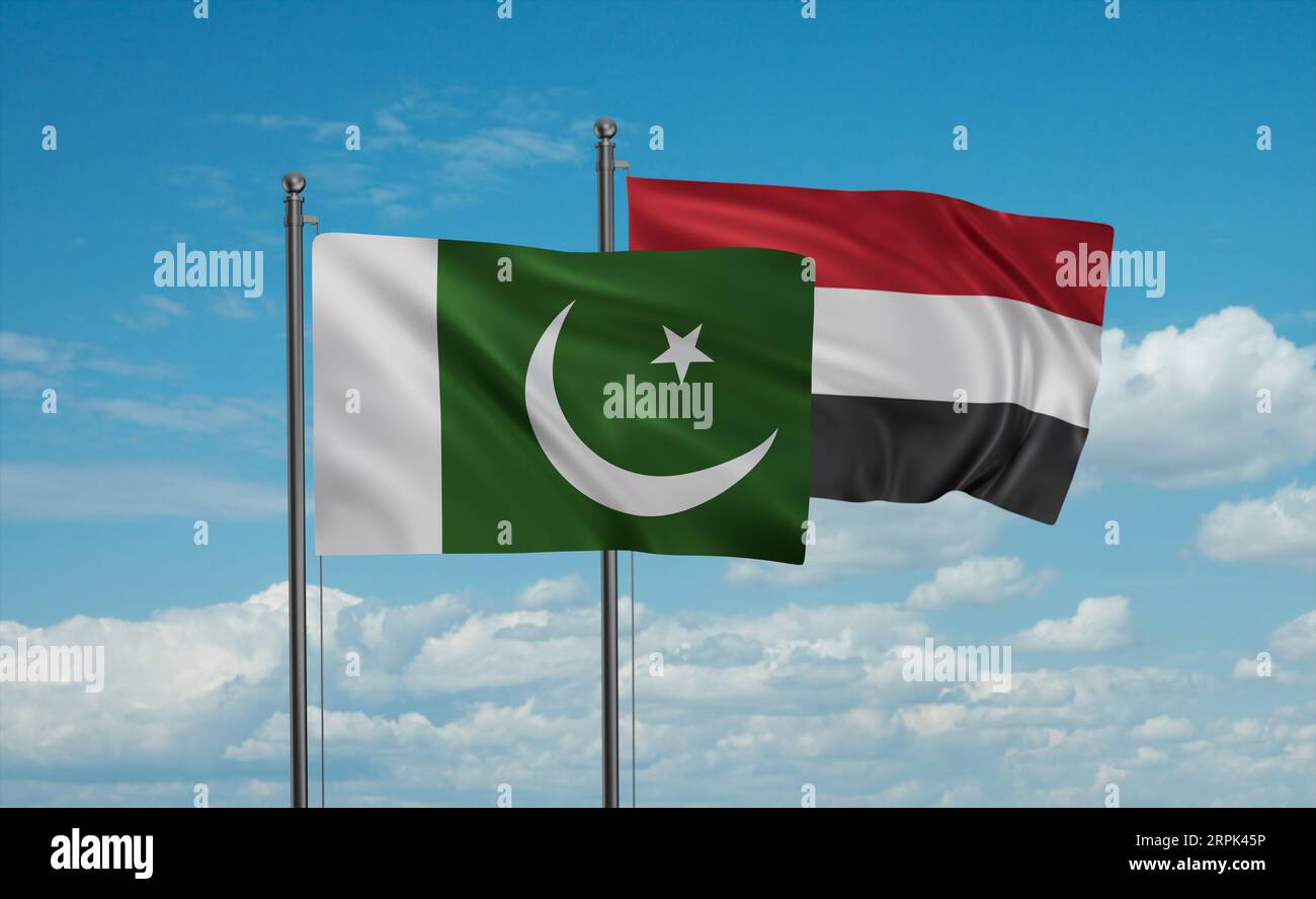 Yemen and Pakistan flag waving together in the wind on blue sky, two ...