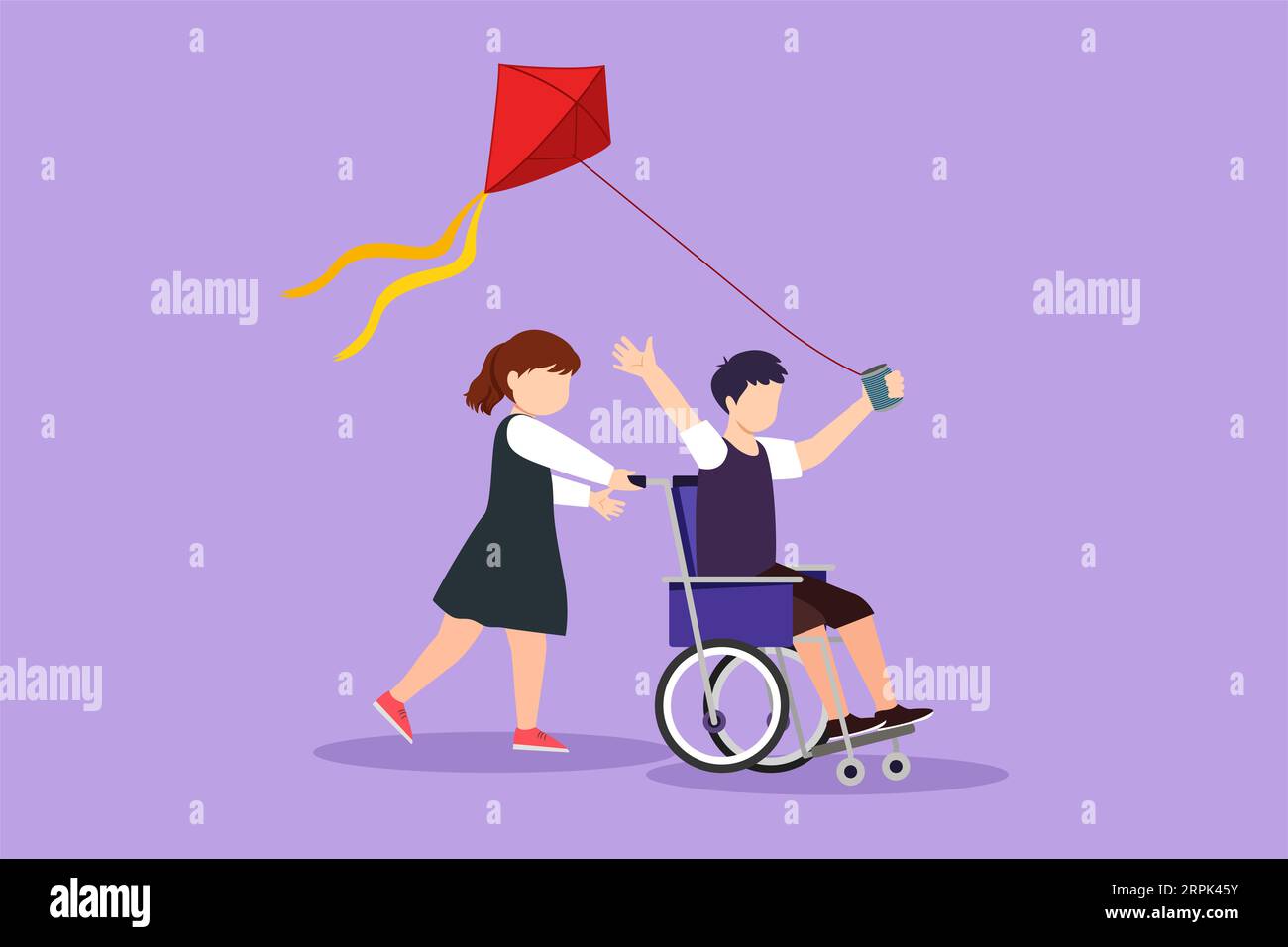Cartoon flat style drawing happy disabled child playing kite together ...