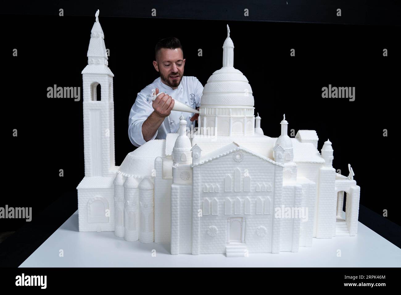 EDITORIAL USE ONLY Pastry chef Nicolas Guercio unveils a sculpture of ...