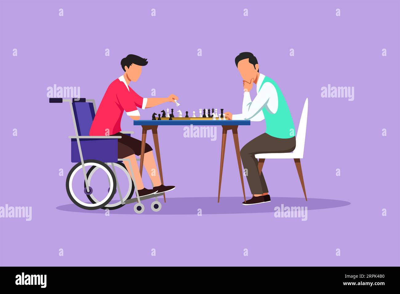 Cartoon flat style drawing disabled man in wheelchair plays chess with ...