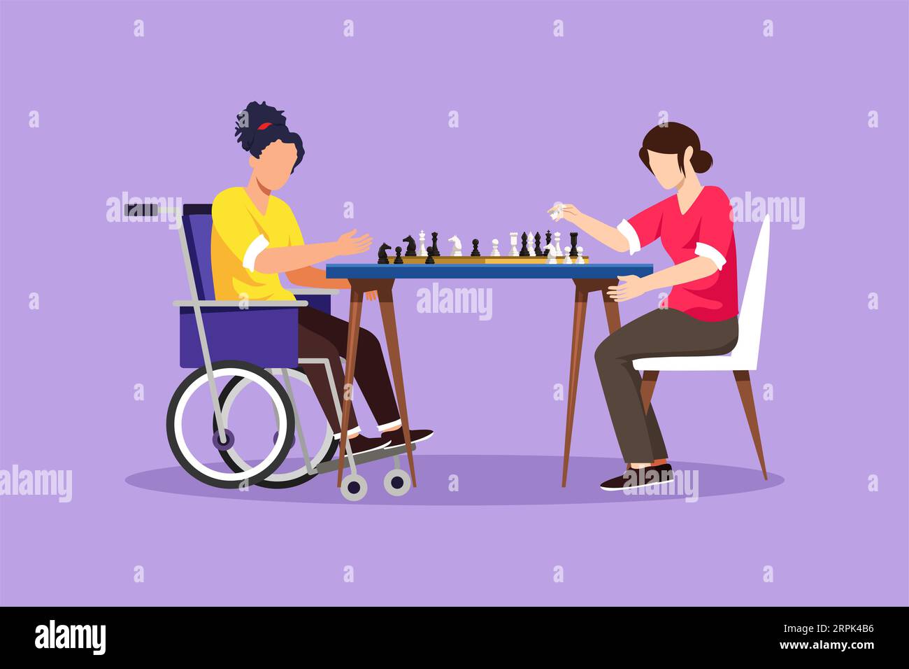 Cartoon flat style drawing disabled woman in wheelchair plays chess ...