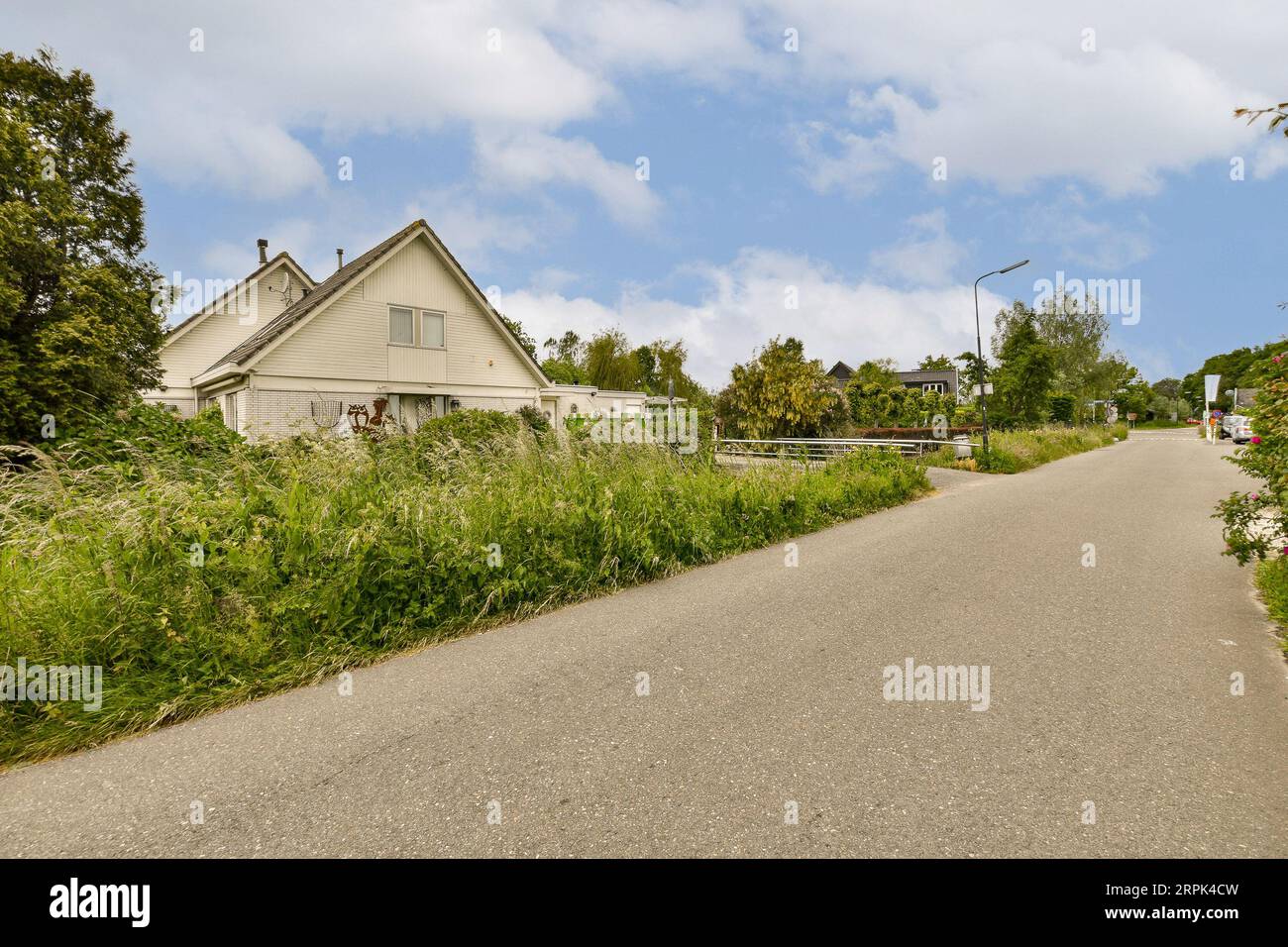 a house on the side of a road with weeds growing in front and bushes ...