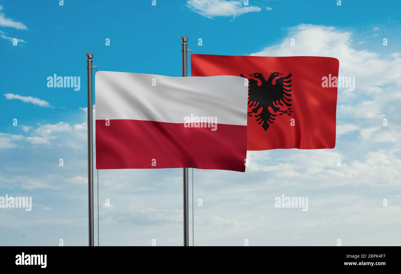 Poland flag and Albania flag waving together in the wind on blue sky ...