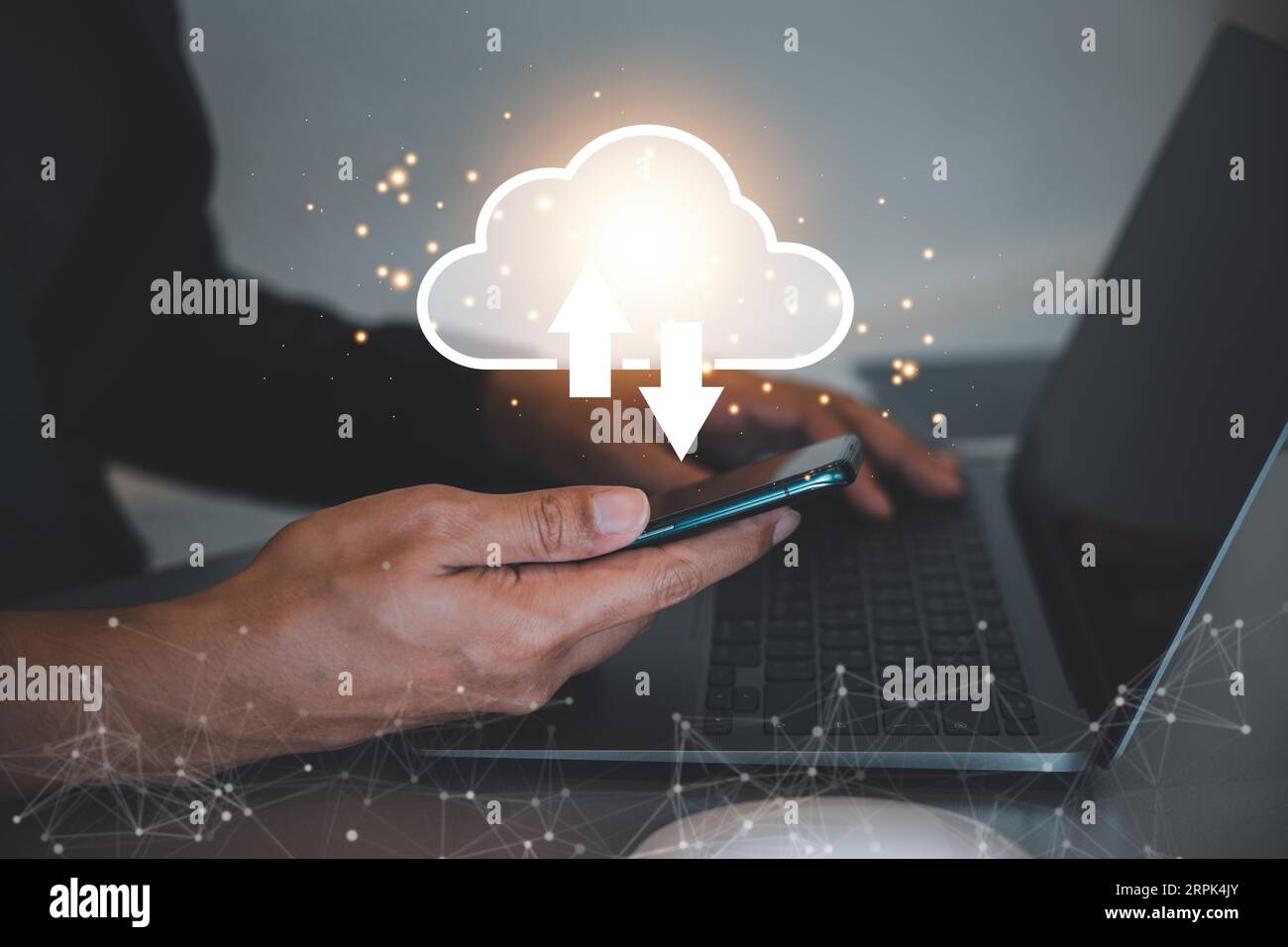 Virtual screen with cloud computing diagram displayed by a man Stock ...