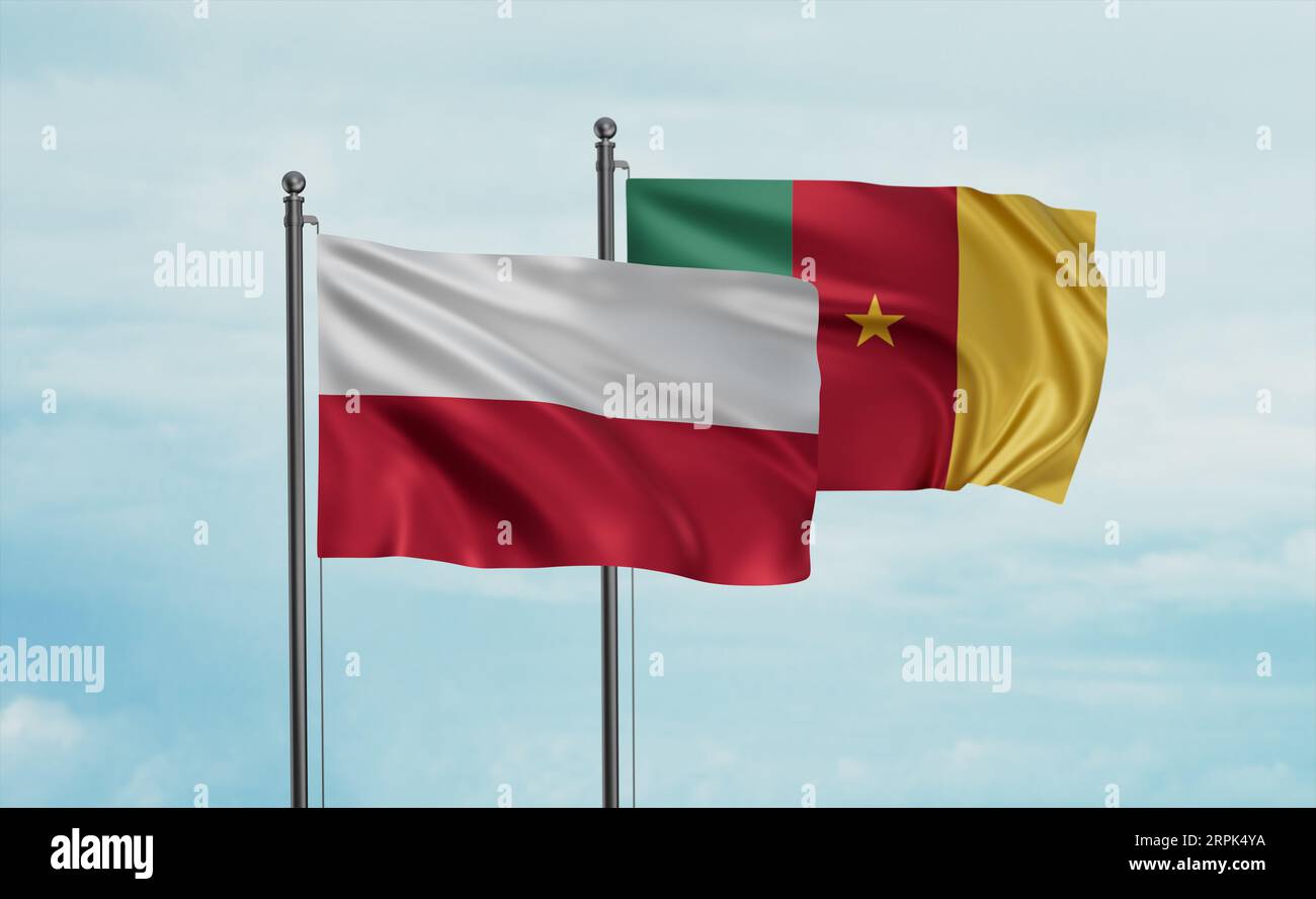Cameroon flag and Poland flag waving together on blue sky, two country ...