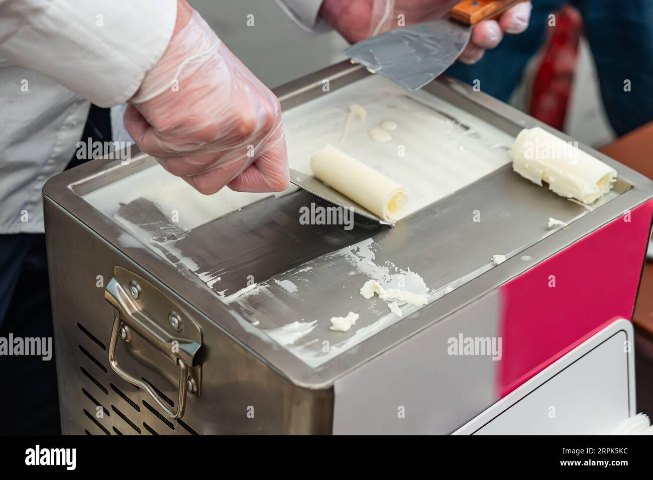 Thailand stir-fried ice cream rolls at freeze pan. Organic, natural ...