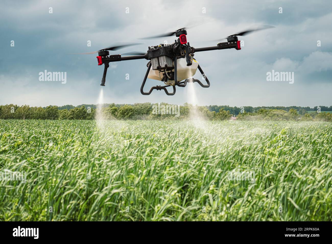 Modern technologies in agriculture. An industrial drone flies over a ...